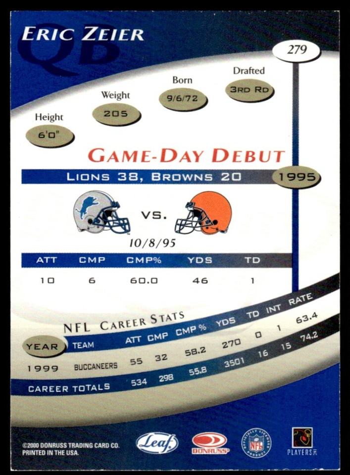 2000 Quantum Leaf Eric Zeier Tampa Bay Buccaneers #279 Georgia Bulldogs ...