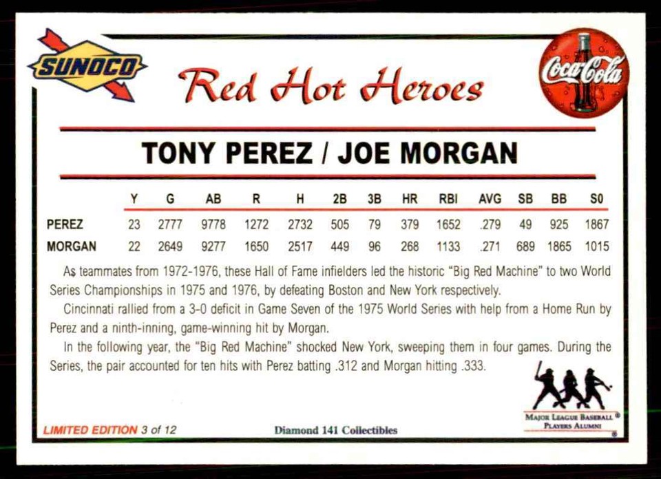 2001 Sunoco Dream Team Tony Perez/Joe Morgan 101 Baseball Cards #3 OF ...