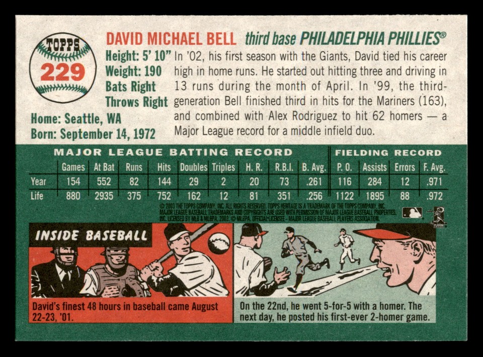 2003 Topps Heritage David Bell #229 Philadelphia Phillies | eBay