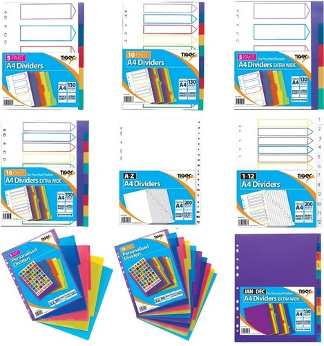A4 File Dividers Plastic Coloured Tab Subject Filing Numbered/A-Z Extra ...