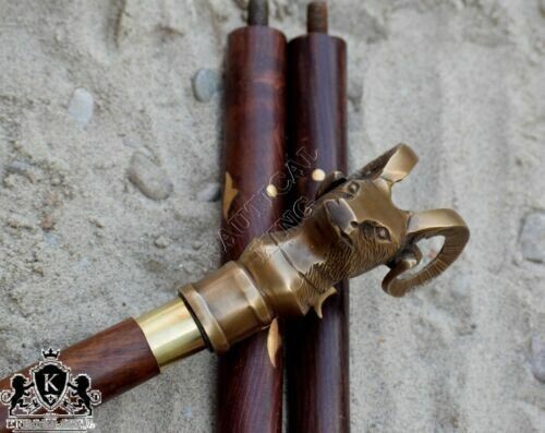 Antique Brass Goat Head Handle Vintage Design Wooden Walking Cane Stick ...