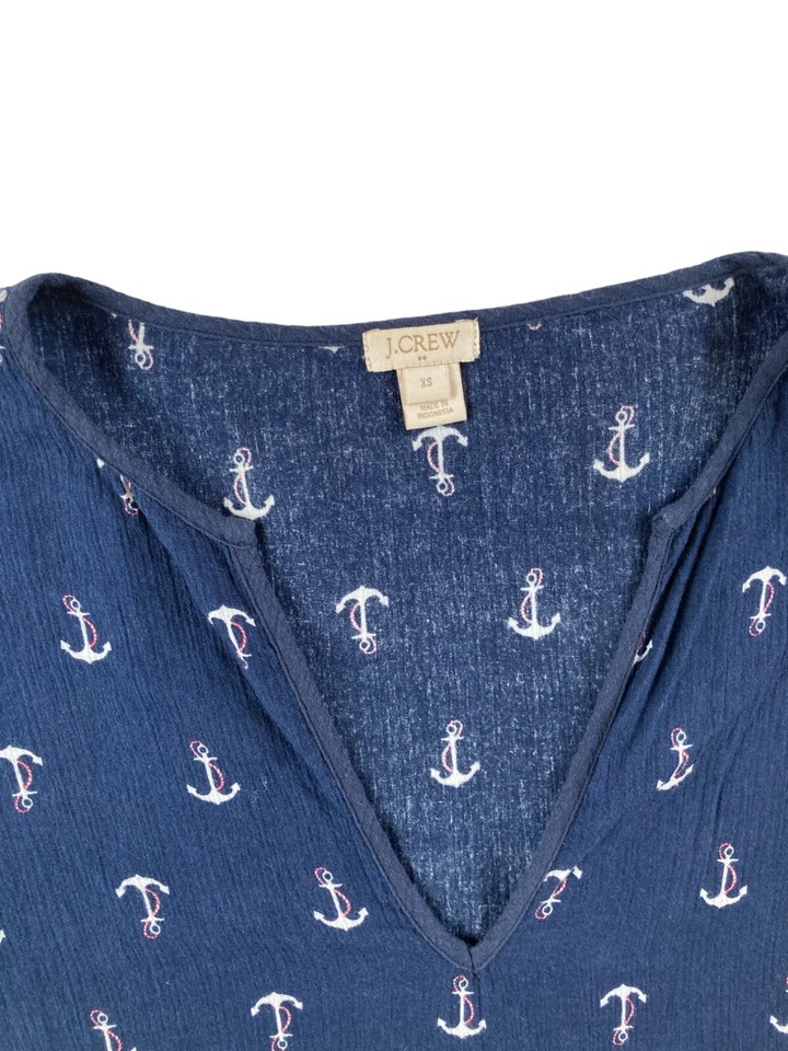 J Crew Women’s Tunic Top Anchor Print Blue Navy Split Neck 3/4 Sleeve ...
