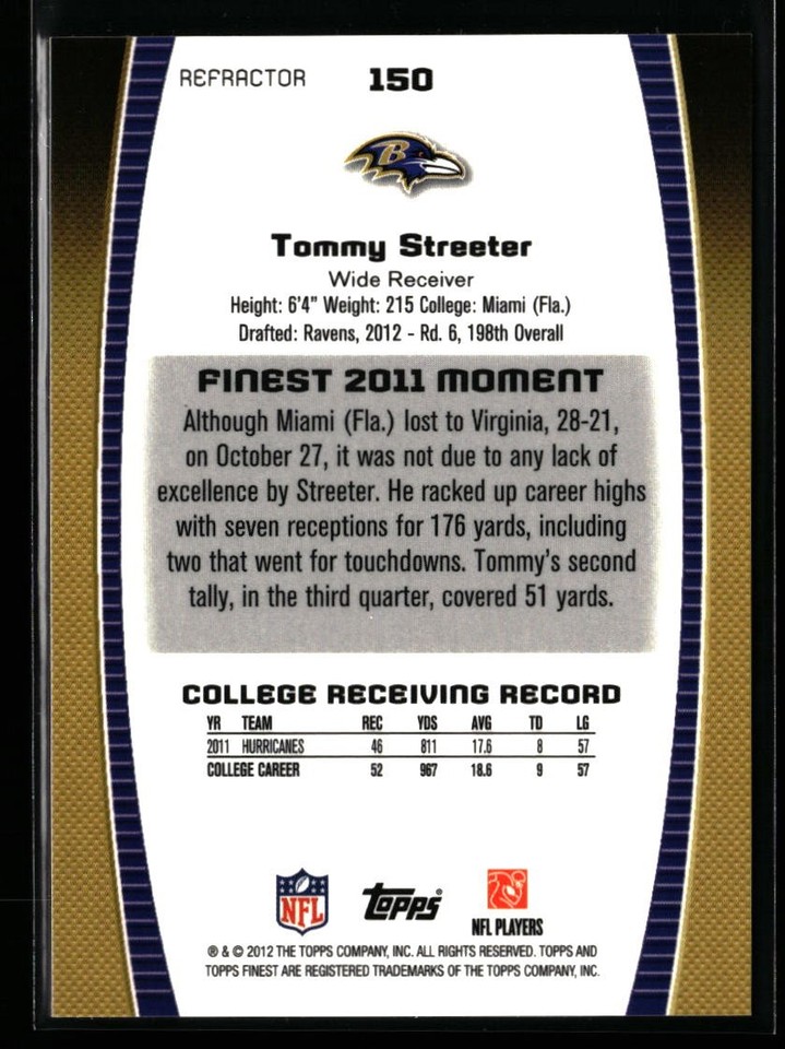 Tommy Streeter 2012 Finest #150 Blue Refractors #/99 Rookie Baltimore ...