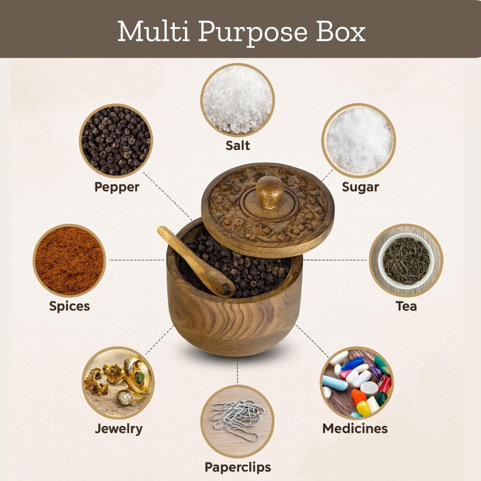 Rustic Salt Box Cellar with Hand Carved Lid & Spoon, Wooden Salt Pinch ...