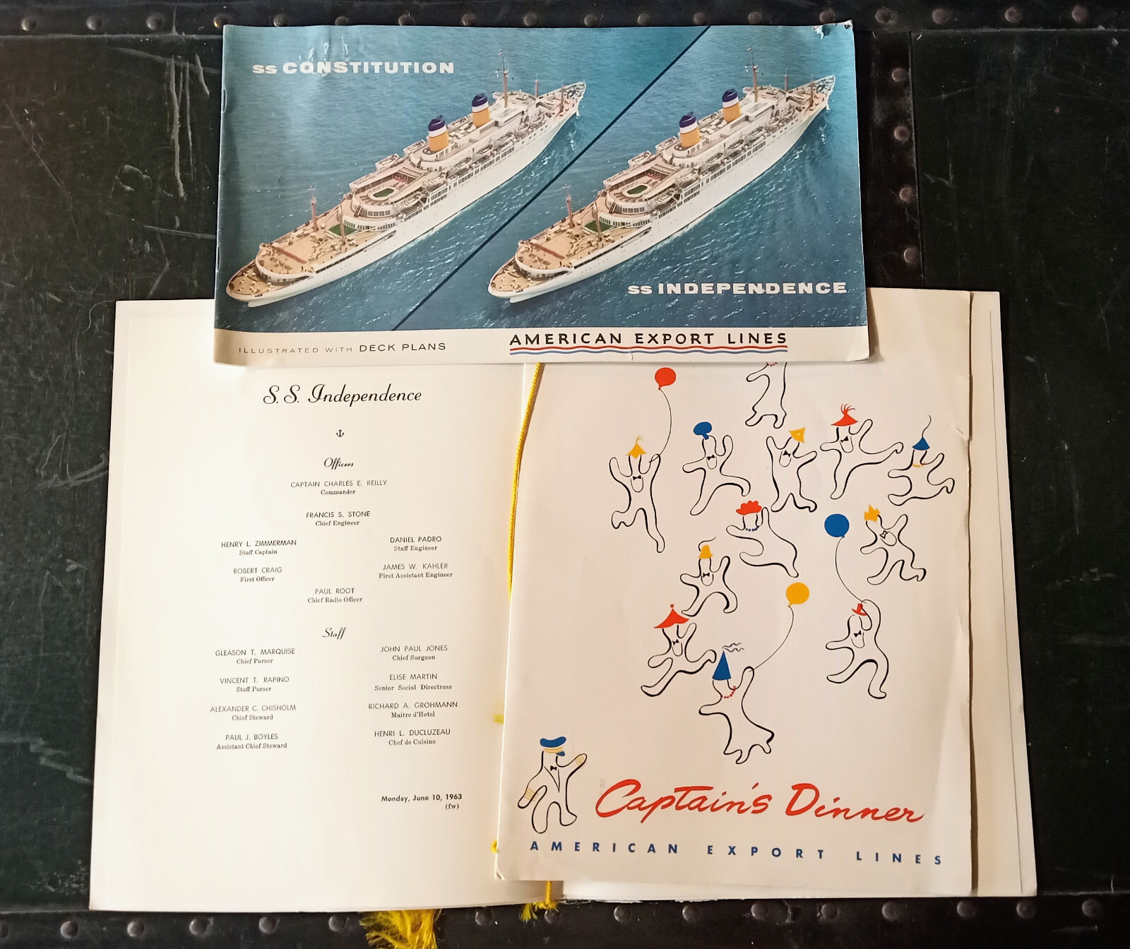 Lot of 2 SS Independence Captain's Dinner menus, 1963, & deck plan ...