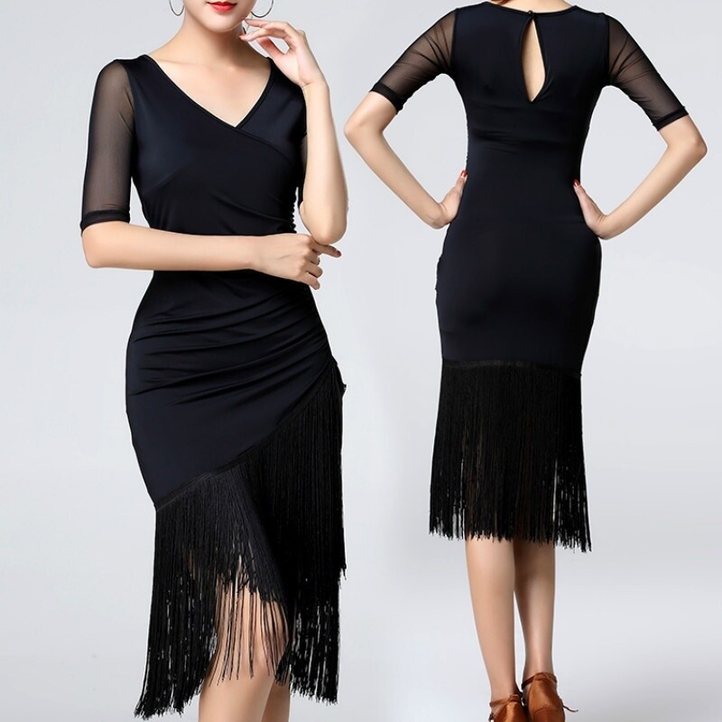 Women Latin Salsa V-neck Short Sleeve Dance Dress Tango Ballroom ...