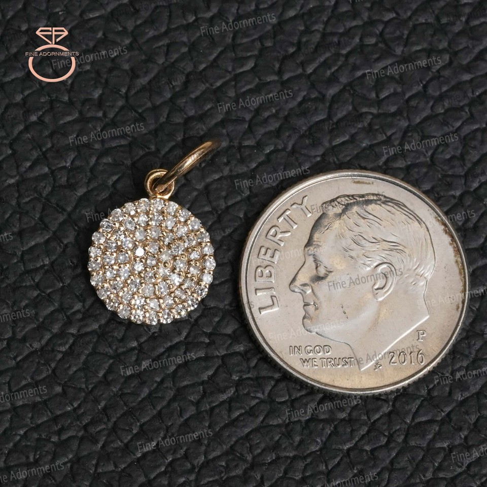 Solid 14k Yellow Gold Disc Charm Natural Pave Diamond Disc Pendant Fine ...