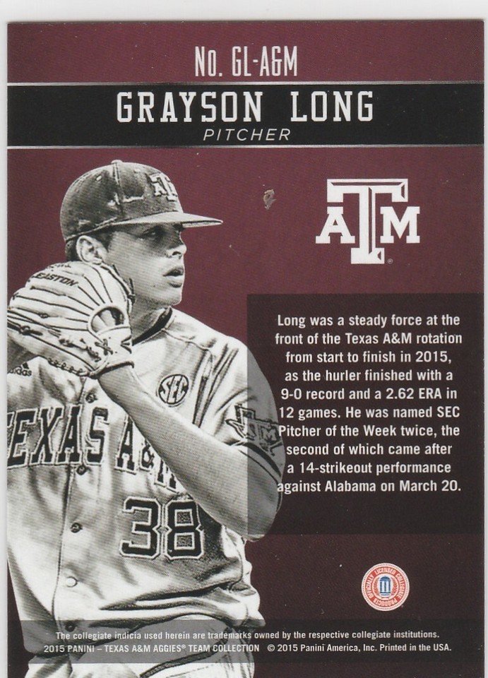 GRAYSON LONG 2015 PANINI TEXAS A&M COLLEGIATE HONORS INSERT GL-AGM $1 ...