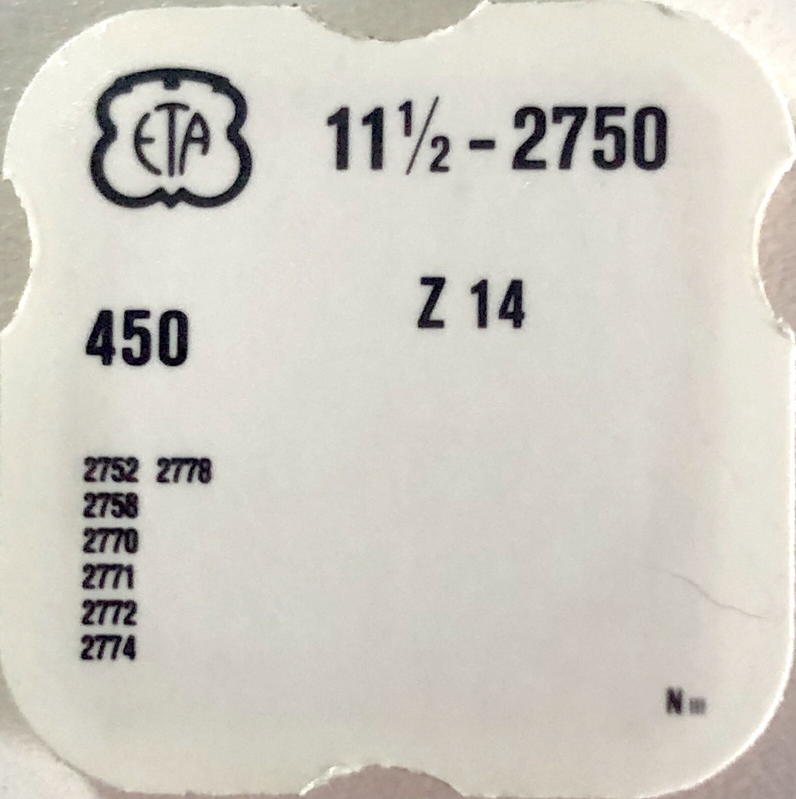 Eta Cal. 2750 Réf. 450 Vintage Montre Pièce Z 14 2752 2758 2770 2771 ...