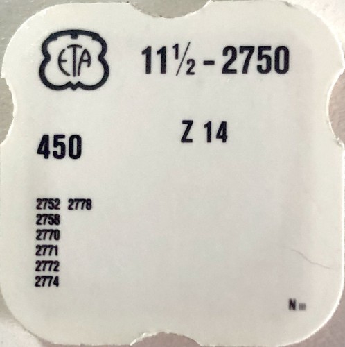 Eta Cal. 2750 Réf. 450 Vintage Montre Pièce Z 14 2752 2758 2770 2771 ...