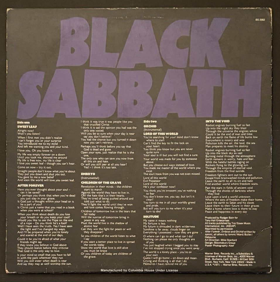 BLACK SABBATH Master Of Reality LP 1971 BS 2562 - VG+ Vinyl - SWEET ...