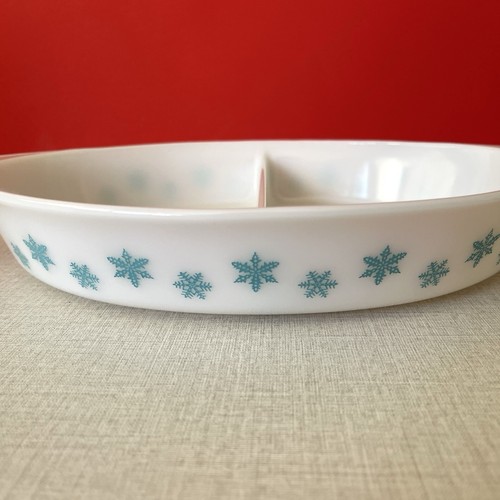 Vintage Pyrex Turquoise Snowflake on White Divided Casserole, No Lid ...