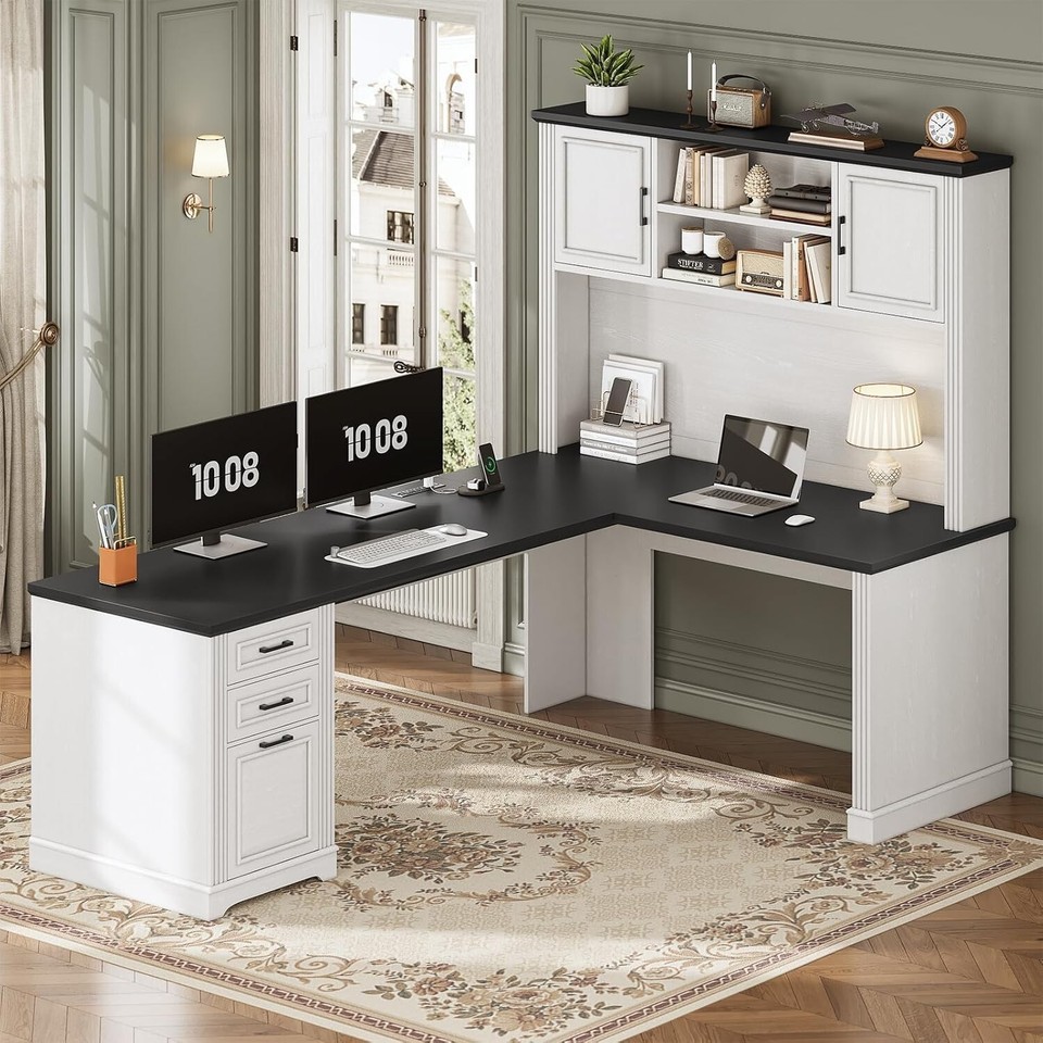 Farmhouse L Computer Shaped Desk with Hutch & 3 Drawers for Home Office ...