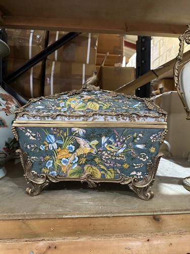 Large Bronze & Porcelain Parrot Design Casket Exotic Birds Jewellery ...