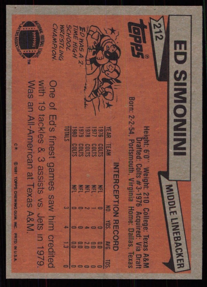 1981 Topps Ed Simonini Baltimore Colts #212 | eBay