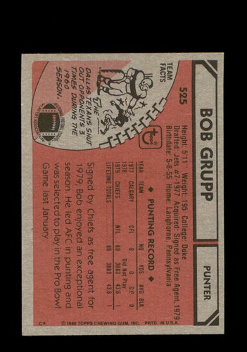 1980 Topps #525 Bob Grupp Kansas City Chiefs NM-MT | eBay