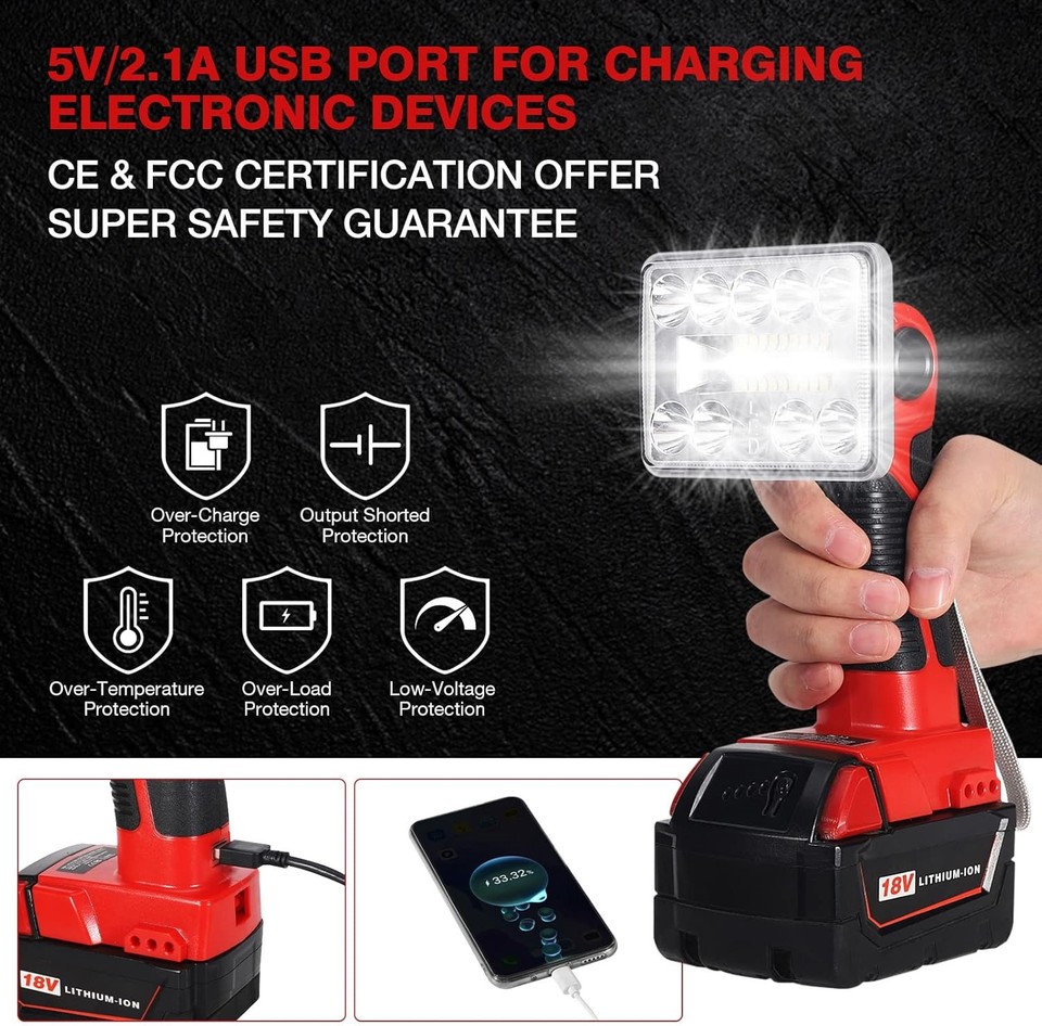 9W 1000LM Cordless LED Work Light Flashlight for Milwaukee 18V Li-ion ...