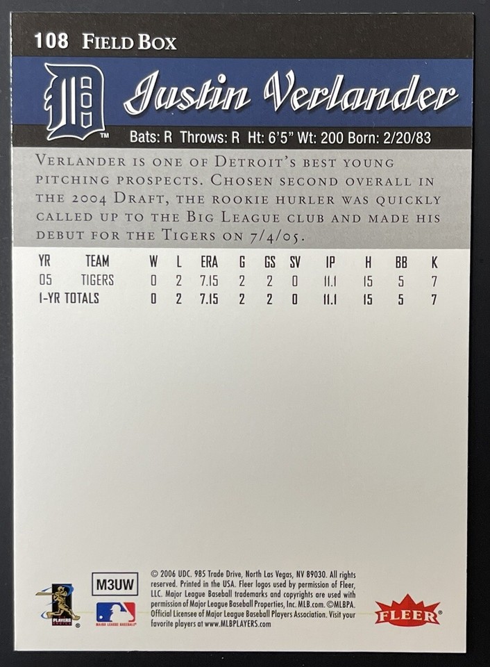 2006 Flair Showcase JUSTIN VERLANDER RC Rookie Card #108 Field Box | eBay