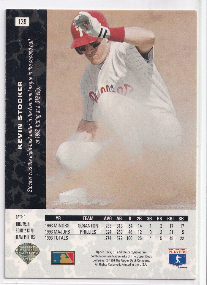 1994 Upper Deck #139 Kevin Stocker Philadelphia + (Yes 3 Free Mystery ...