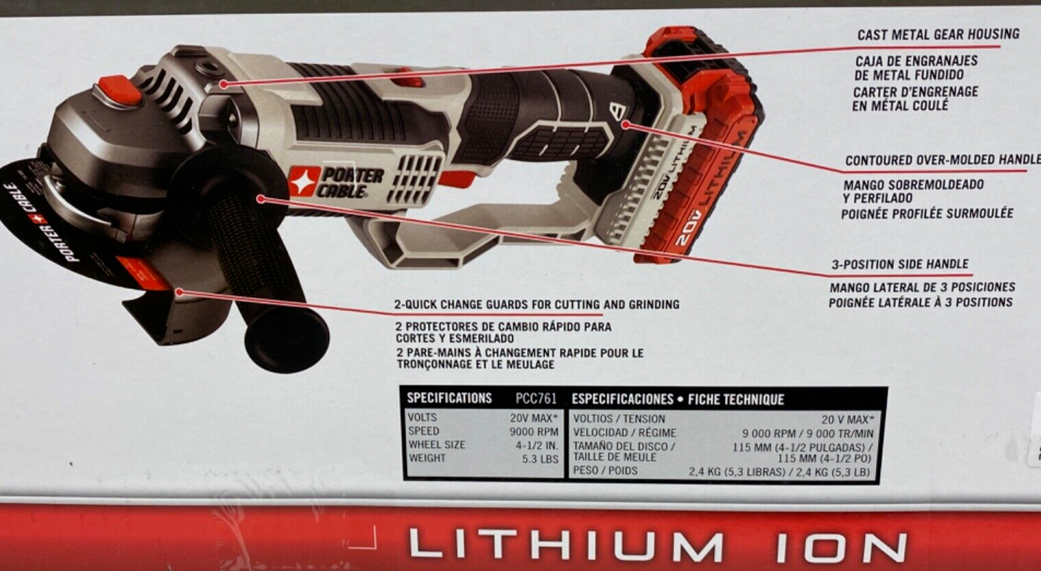 Porter-Cable PCC761D1 20V MAX 11 Piece 4-1/2" Angle Grinder W/Battery ...