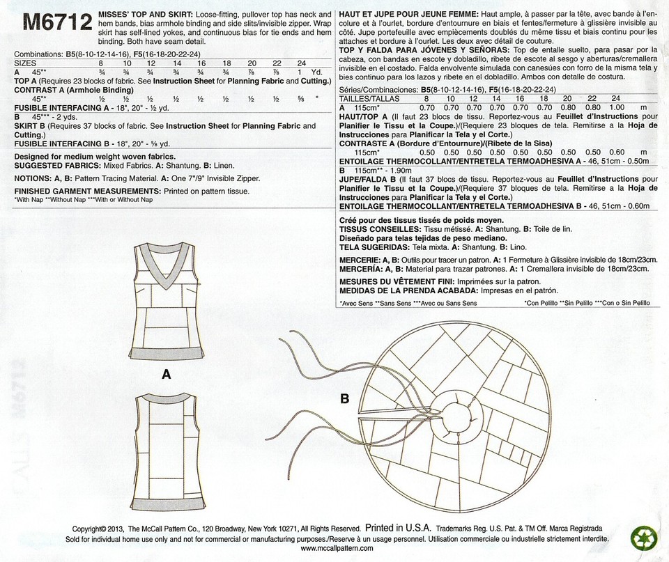 McCall's M6712 Top w Neck & Hem Bands, Wrap Skirt w Bias Tie Ends Sz 8 ...