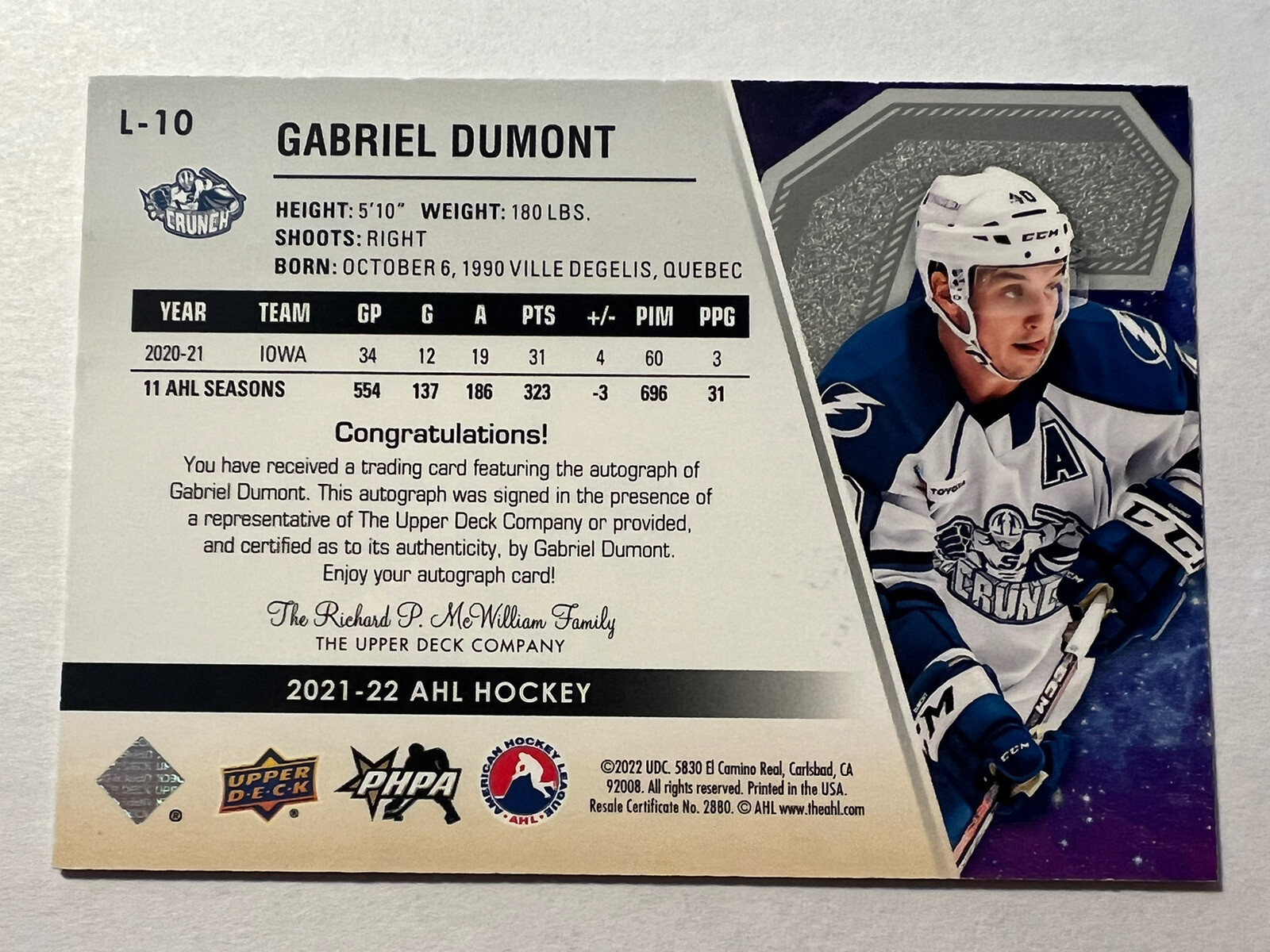 2021-22 Upper Deck AHL - Captains Autographed #L-10 Gabriel Dumont (AU ...