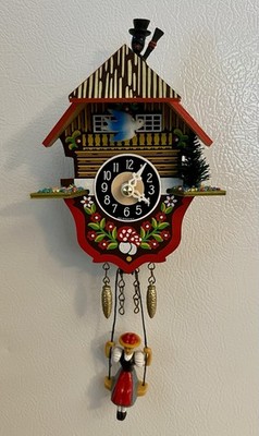 German Engstler Mini 5" Cuckoo Clock Swinging Girl CHIMNEY SWEEP ON TOP ...