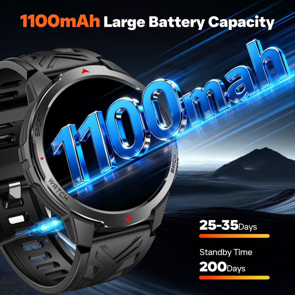 Military Smart Watch Men Fitness Tracker: 1.8" HD Touch Screen 1100mAh ...