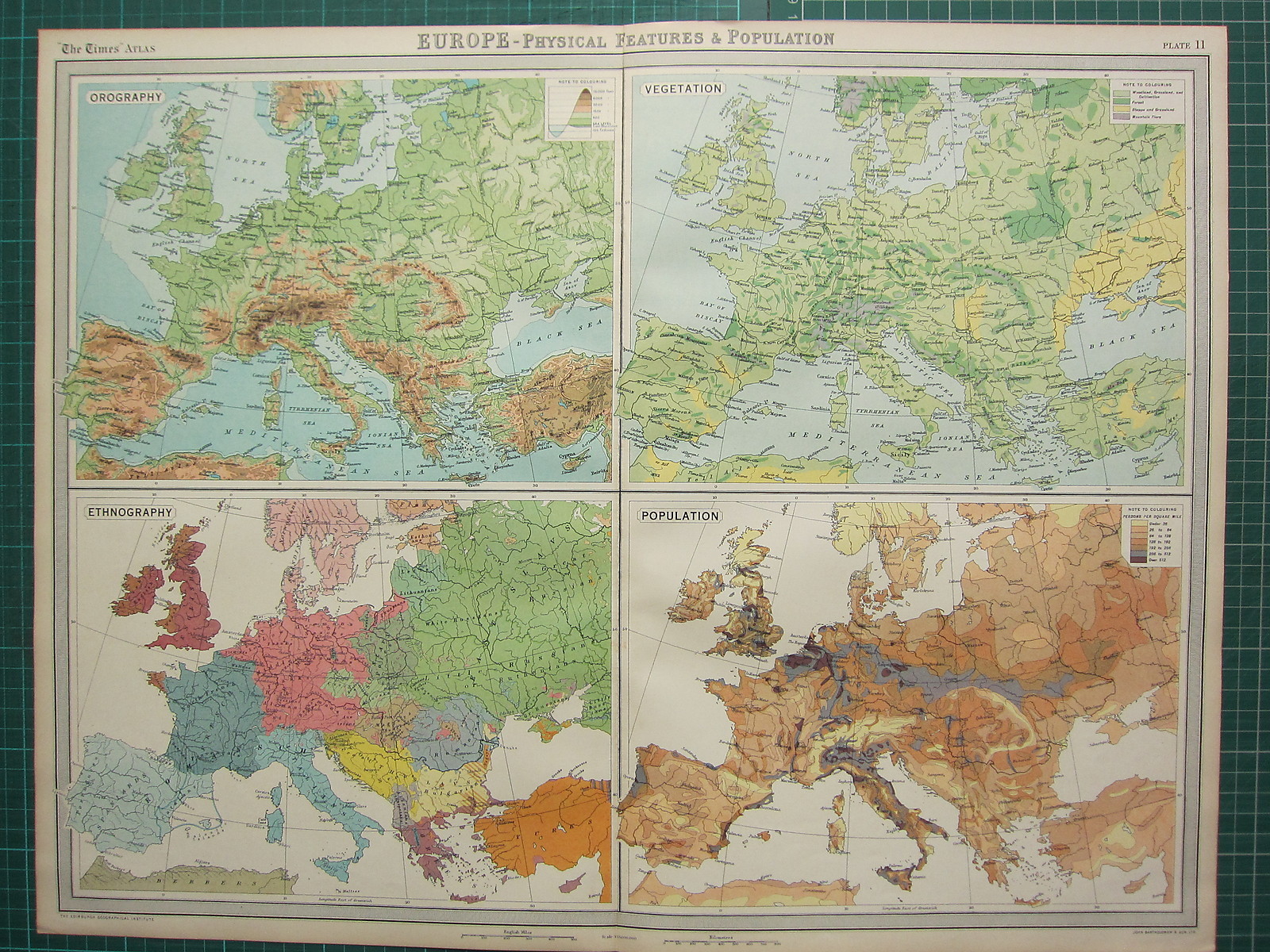 1921 Grande Mapa ~ Europa Física & Población Vegetation Ethnography | eBay