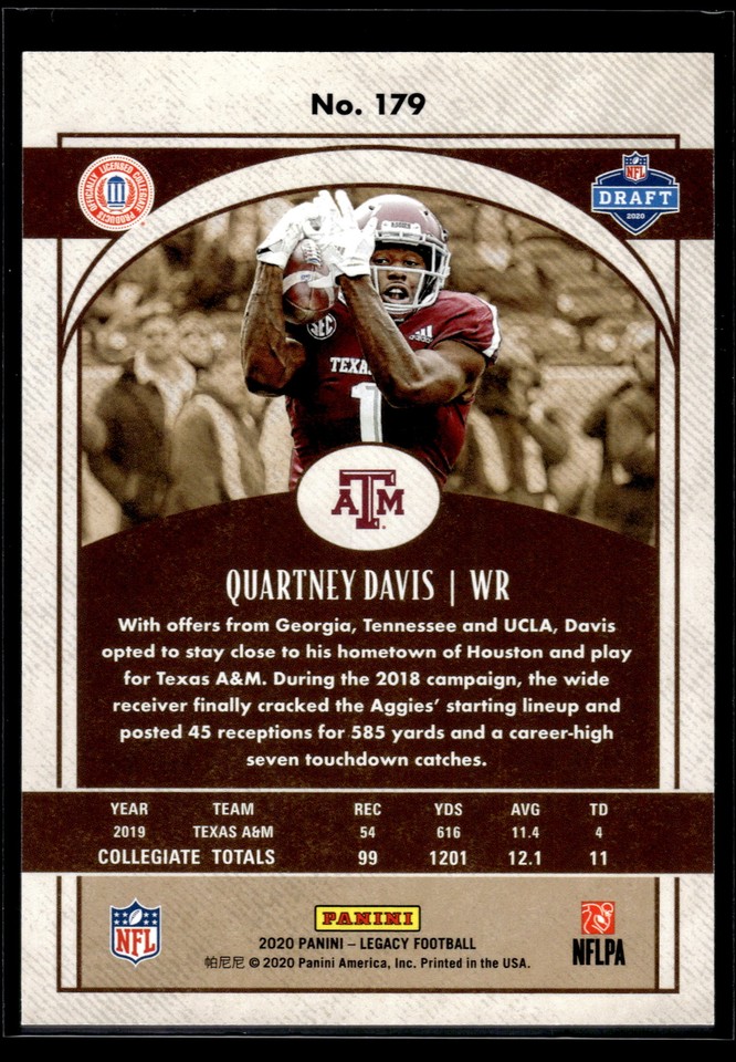 Quartney Davis 2020 Panini Legacy Blue Rookies Card /50 #179 | eBay