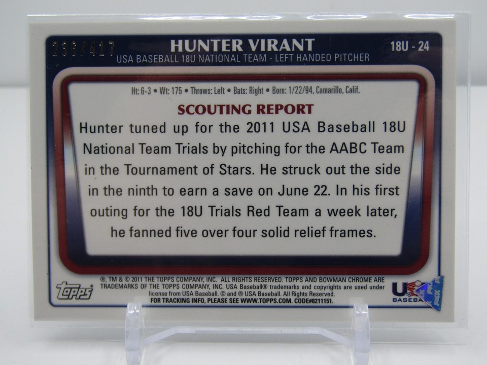 HUNTER VIRANT 2011 BOWMAN CHROME USA PROSPECT REFRACTOR AUTOGRAPH AUTO ...
