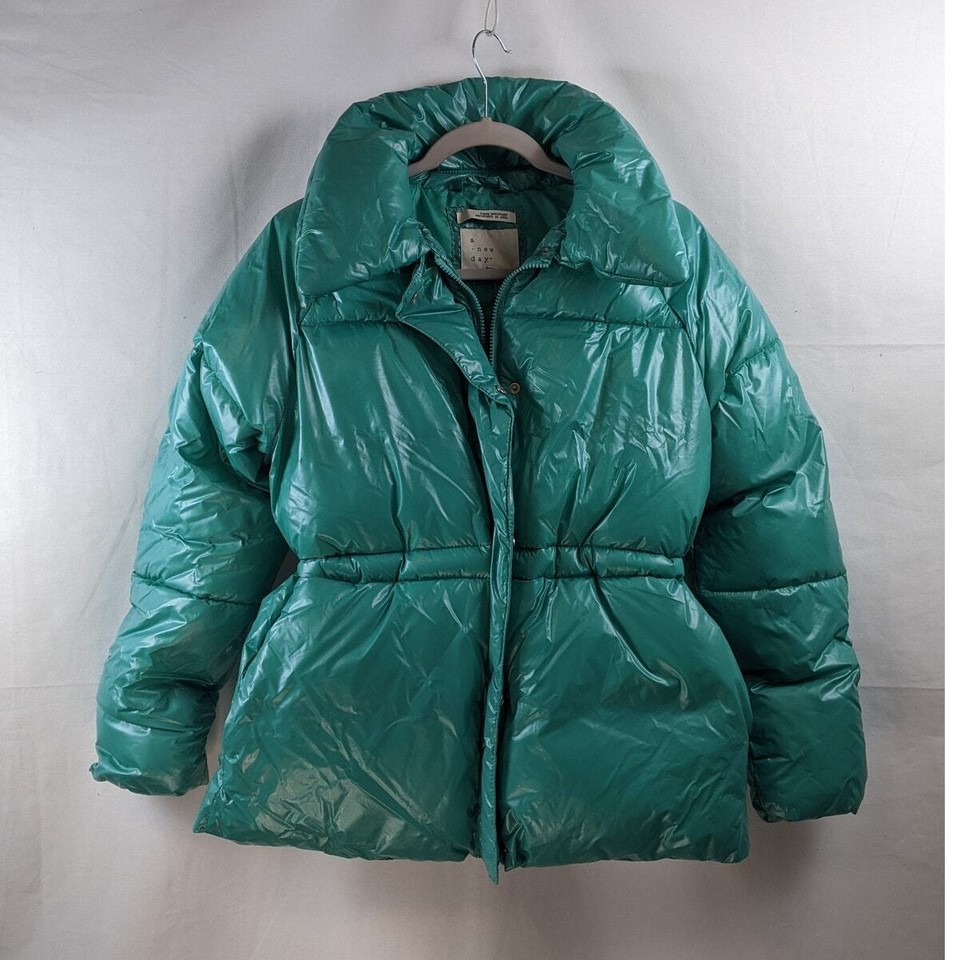 Wet Look Puffer Coat A New Day Jade XS Green Winter Zip Up Puffy Cinch ...