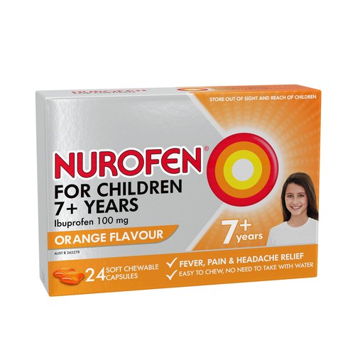 Nurofen For Children 7+ Pain & Fever Relief 24 Orange Chewable Capsules ...