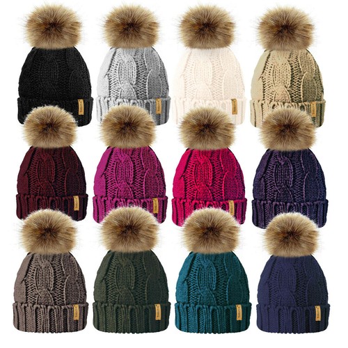 SOFT CABLE KNIT HAT FLEECE LINED CHUNKY BEANIE BOBBLE HAT DETACHABLE ...