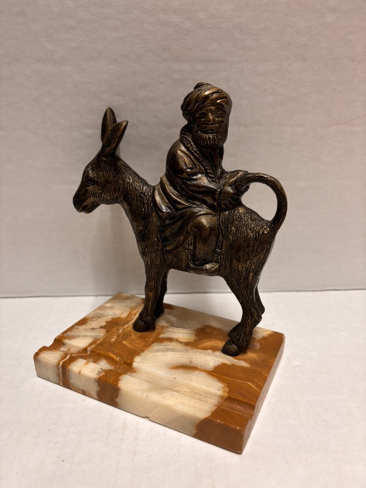 Brass Statue Hodja Man Riding Donkey Backwards Marble Base Turkish ...
