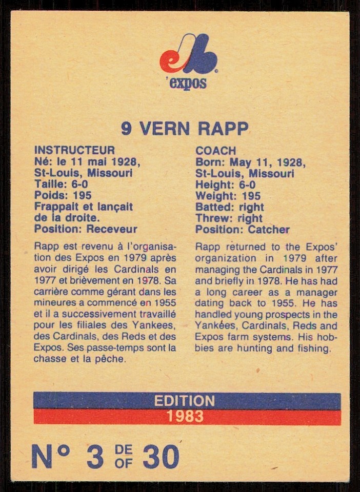 1983 Expos Stuart #3 Vern Rapp CO | eBay