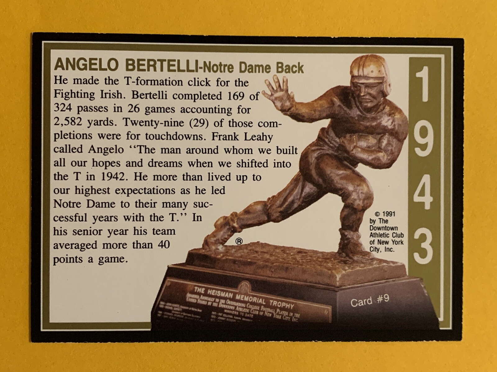 ANGELO BERTELLI Dec CF HOF Signed 1991 HEISMAN Collection N DAME ...
