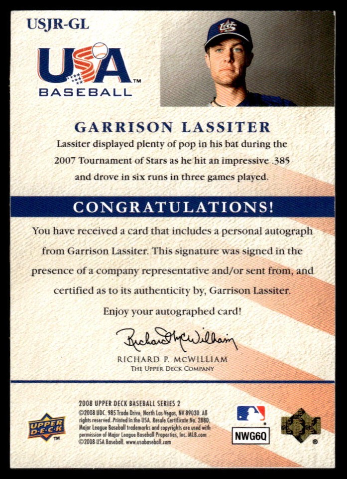 2008 Upper Deck #USJR-GL Garrison Lassiter BASEBALL USA | eBay