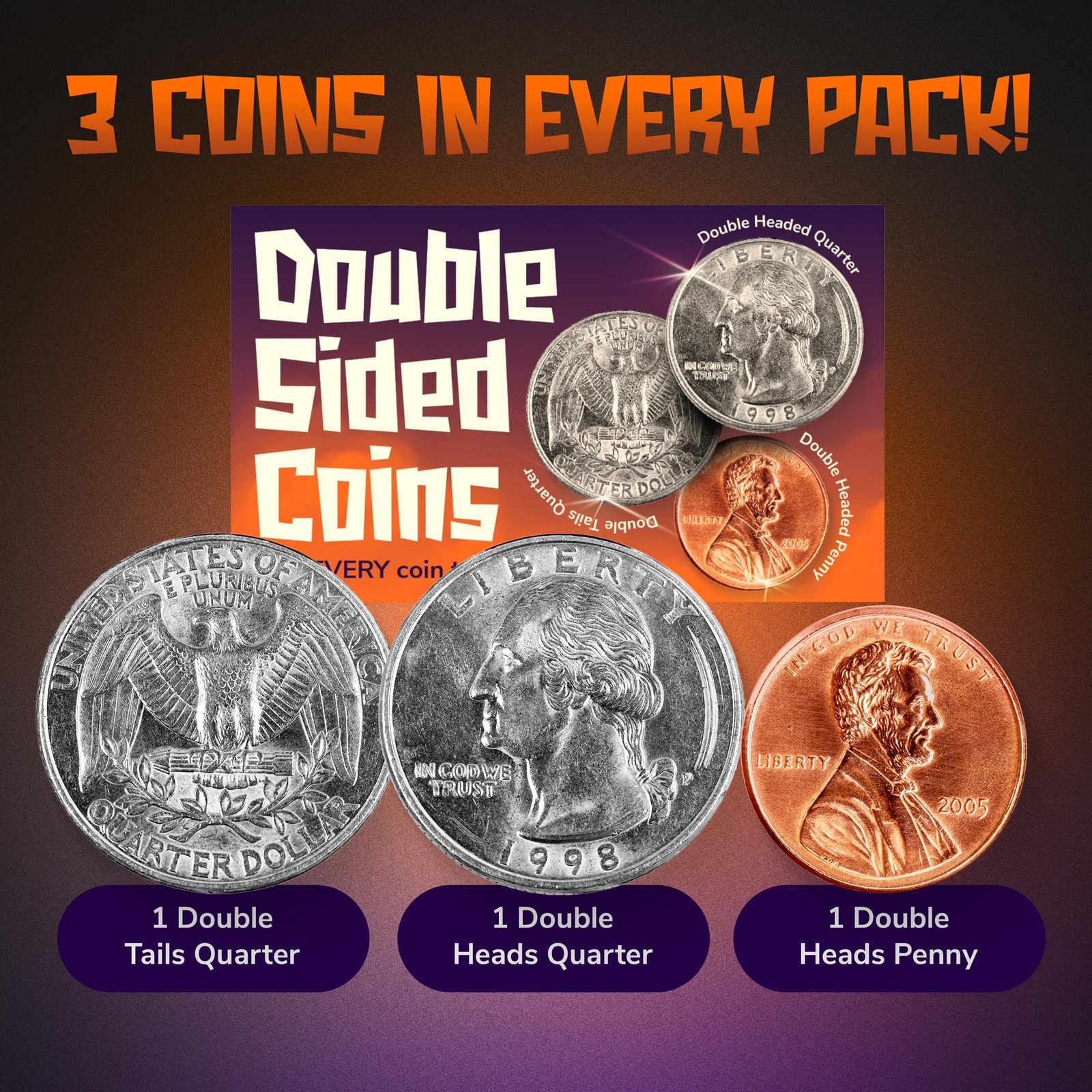 3pk Double Sided Coins | Includes 2 Double Sided Quarters and 1 Double ...