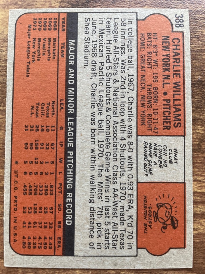 1972 Topps Baseball Card #388 Charlie Williams New York Mets EX/MT | eBay