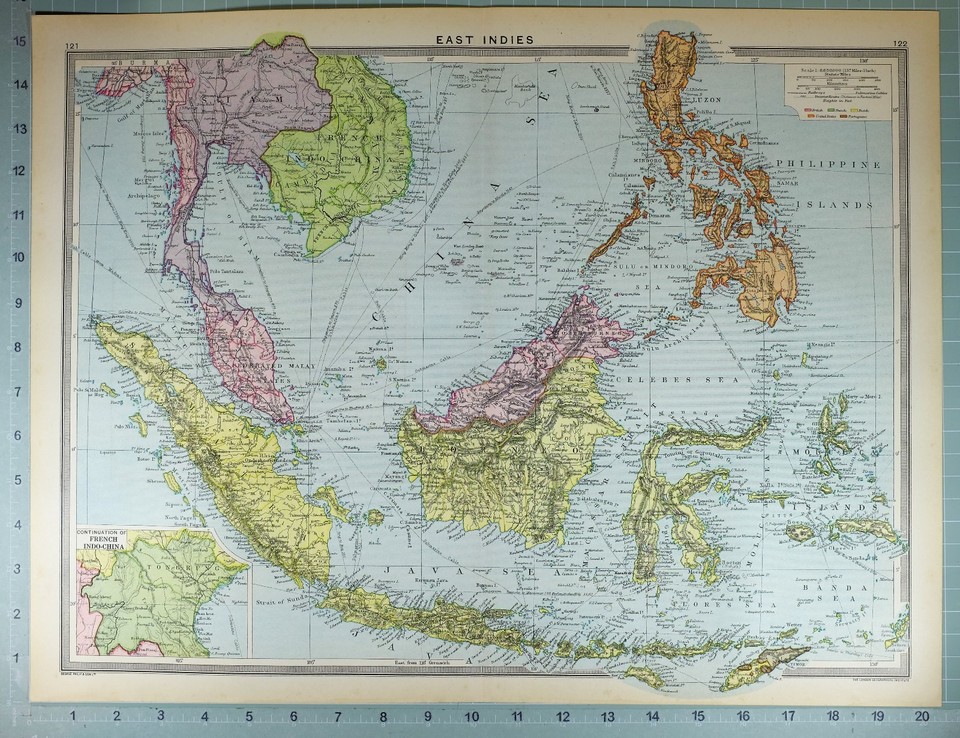 1921 LARGE MAP EAST INDIES PHILIPPINE ISLANDS JAVA SUMATRA CELEBES SIAM ...