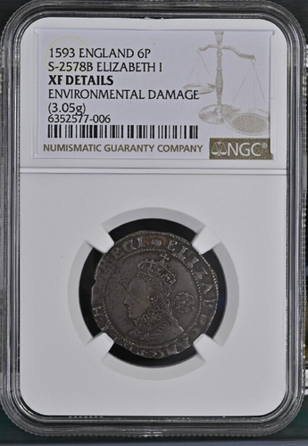1593 ENGLAND 6 Pence Silver Coin Royal Mint 6th Issue Elizabeth I NGC ...