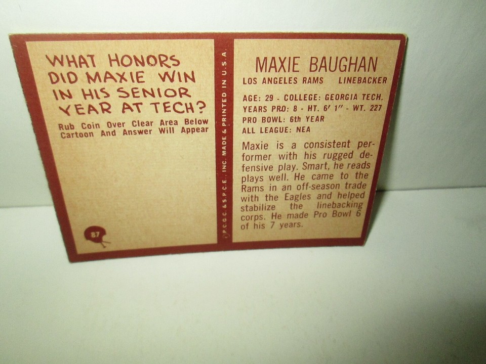 MAXIE BAUGHAN 1967 FOOTBALL CARD Vintage Philadelphia #87 LOS ANGELES ...