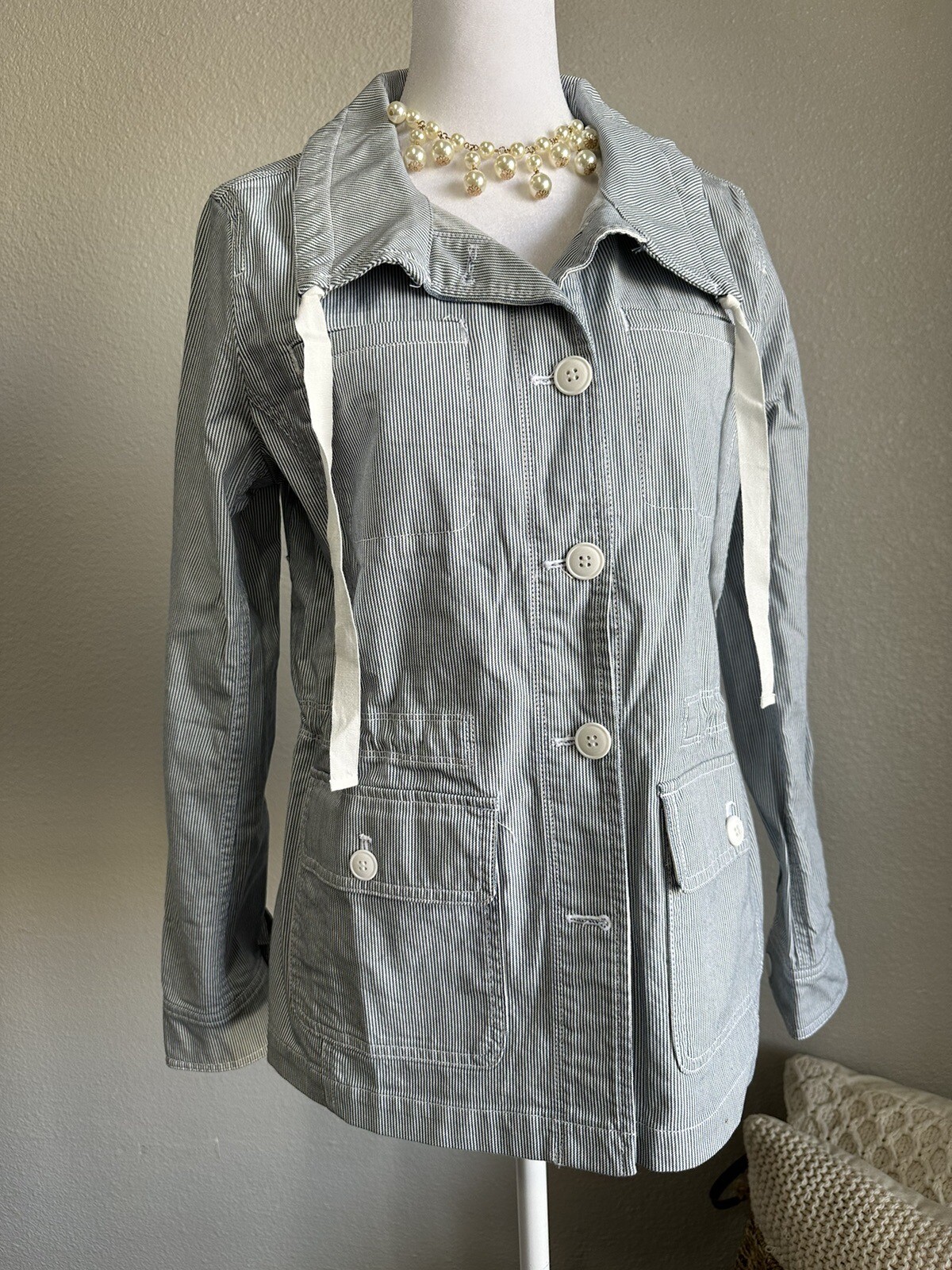 Talbots Women’s Blue/White Stripe Button Up Jacket, Waist Tie (Inside ...