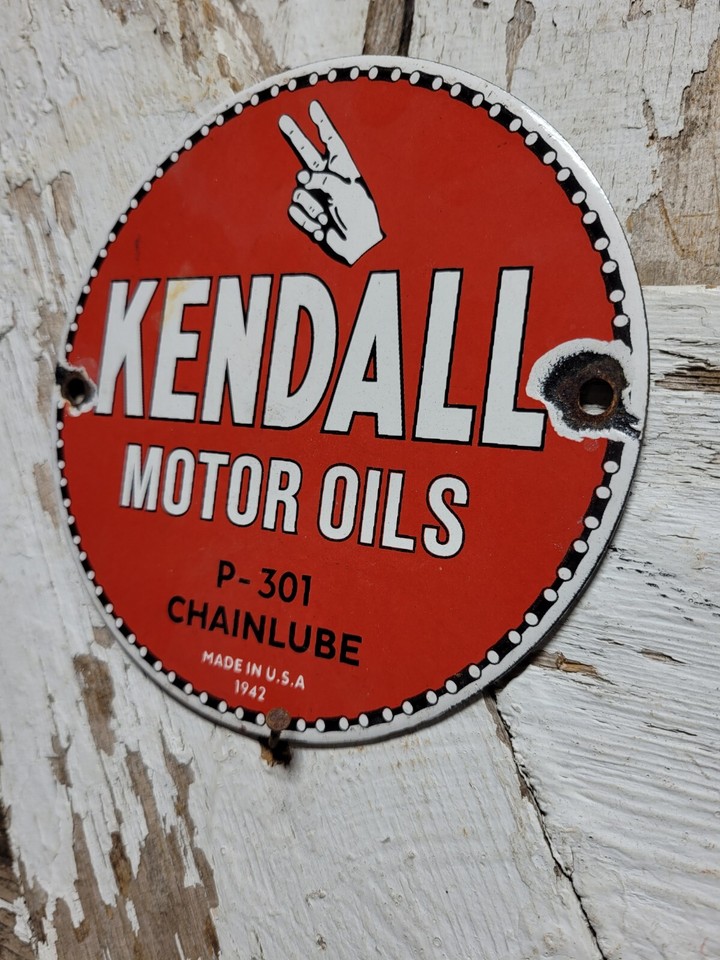 VINTAGE KENDALL PORCELAIN SIGN OLD 6" CHAINSAW LUBE CAR TRUCK MOTOR OIL ...