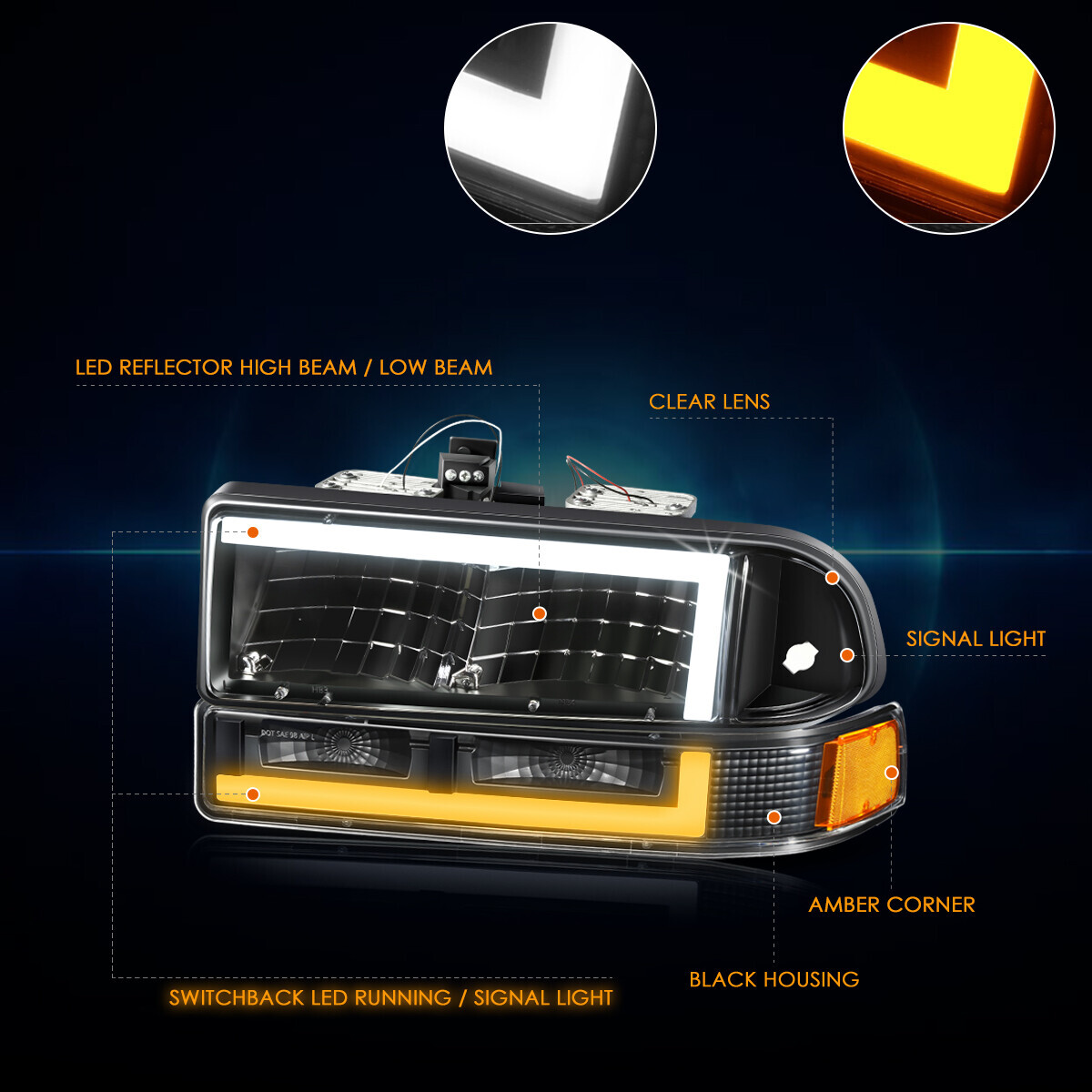 For 98-04 Chevy Blazer/S10 L-Shape LED DRL Switchback Headlights Black ...