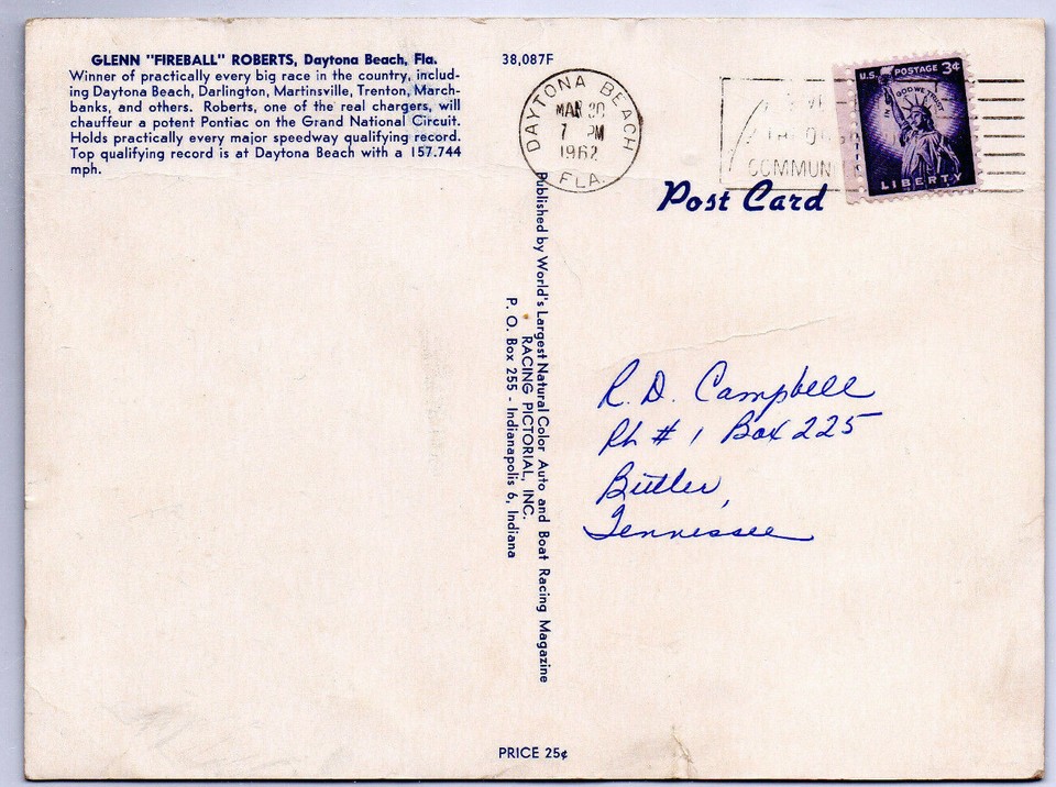 FIREBALL ROBERTS Autograph 1962 Daytona Postcard, Nascar HOF, Signed ...