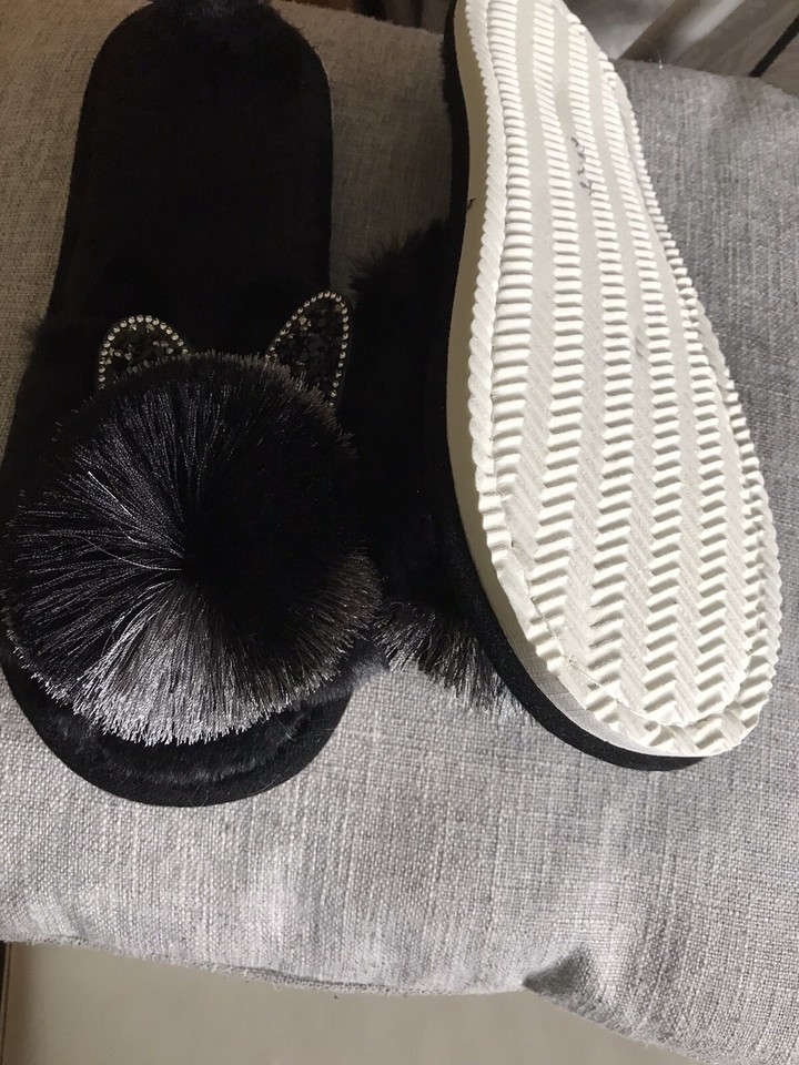 Ladies Black Cat Slippers Size 7/8 | eBay