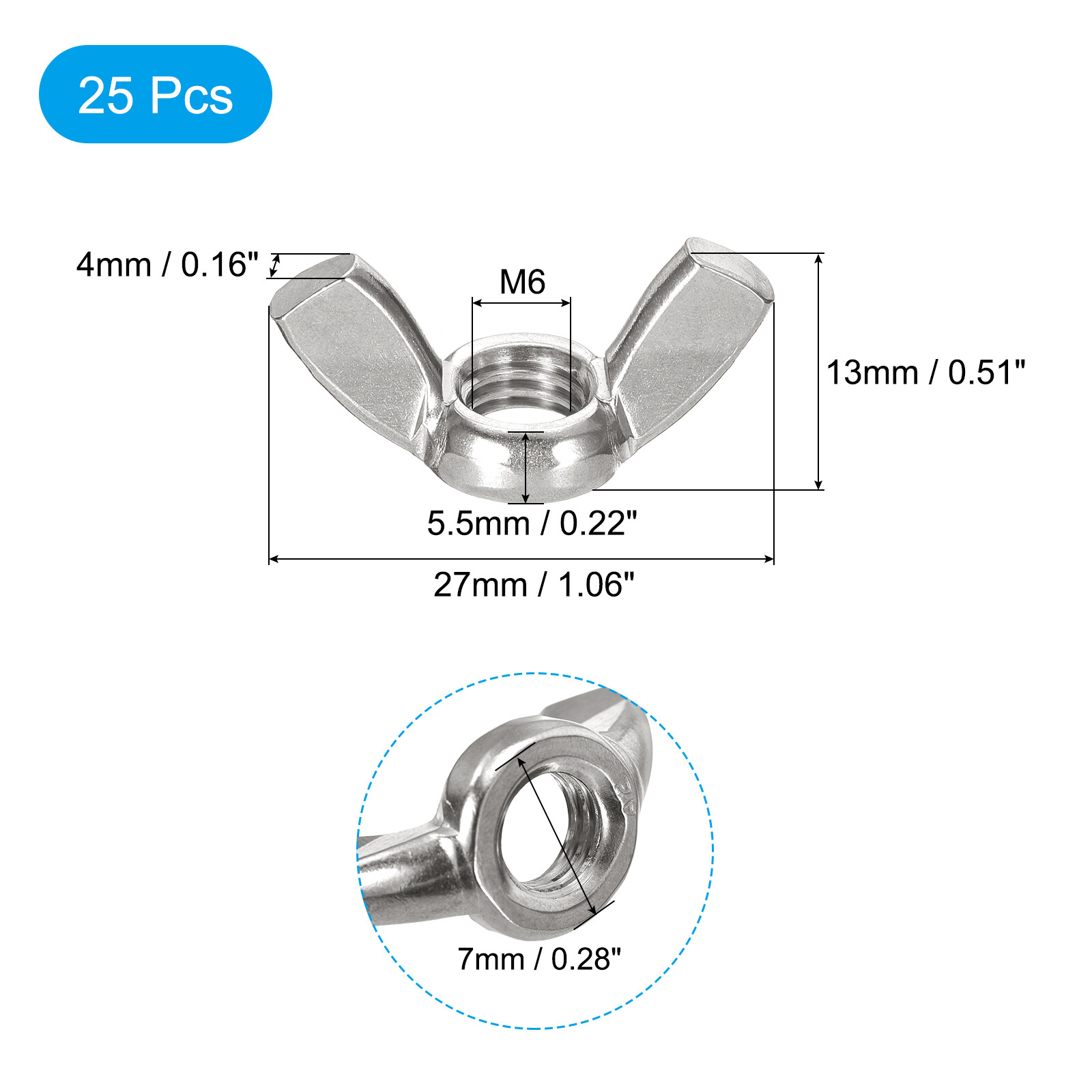 M6x1mm Wing Nut 25 Pcs, 304 Stainless Steel Butterfly Wing-Nut, Silver ...