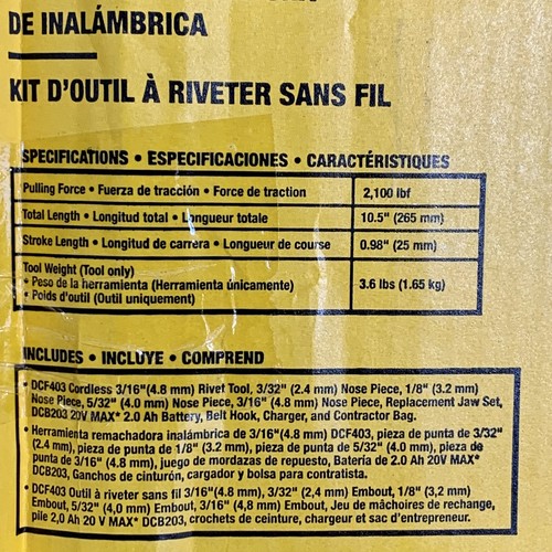 DEWALT DCF403D1 20V MAX XR Brushless Cordless 3/16-inch Rivet Tool Kit ...